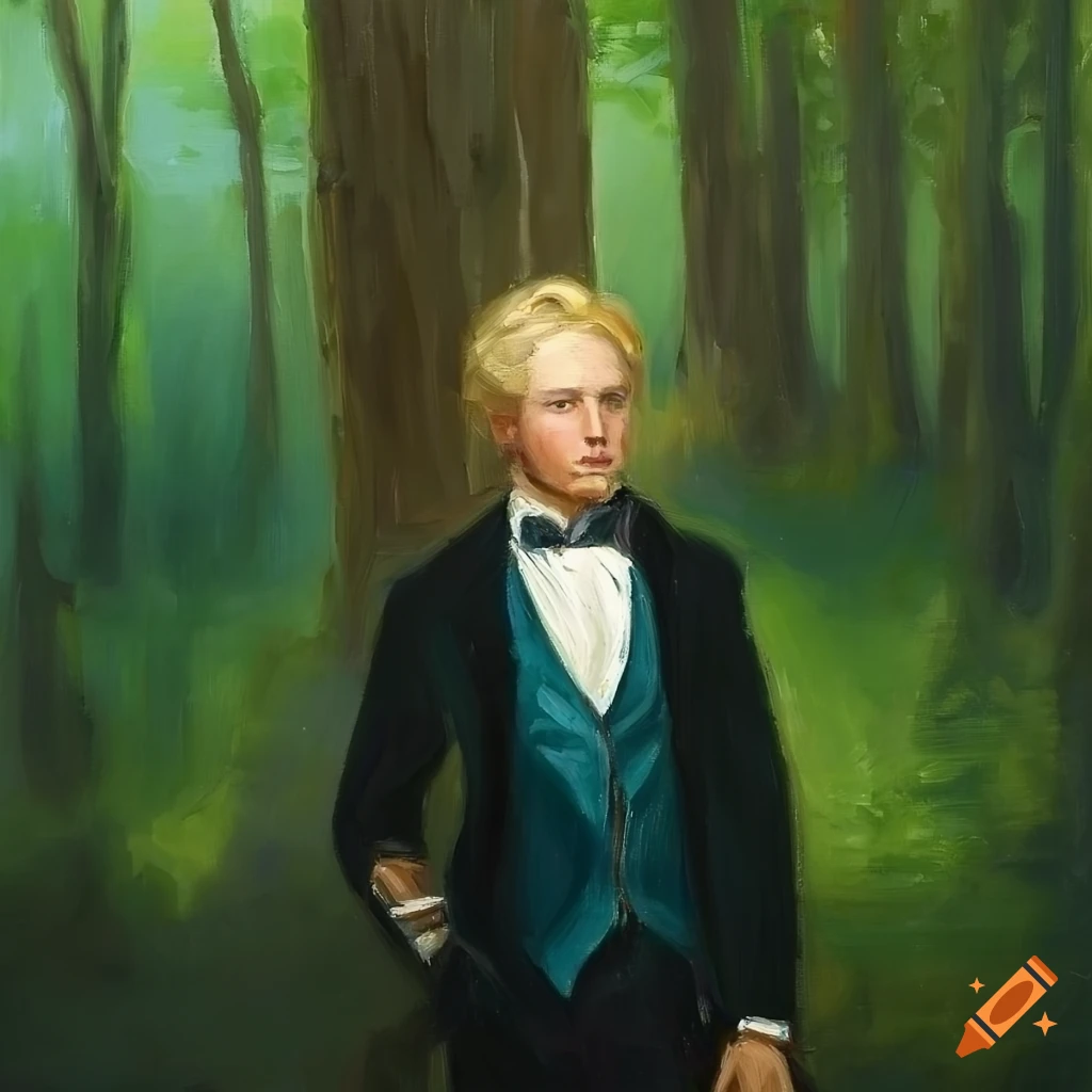 Oil painting of a man in formal attire in a green forest on Craiyon