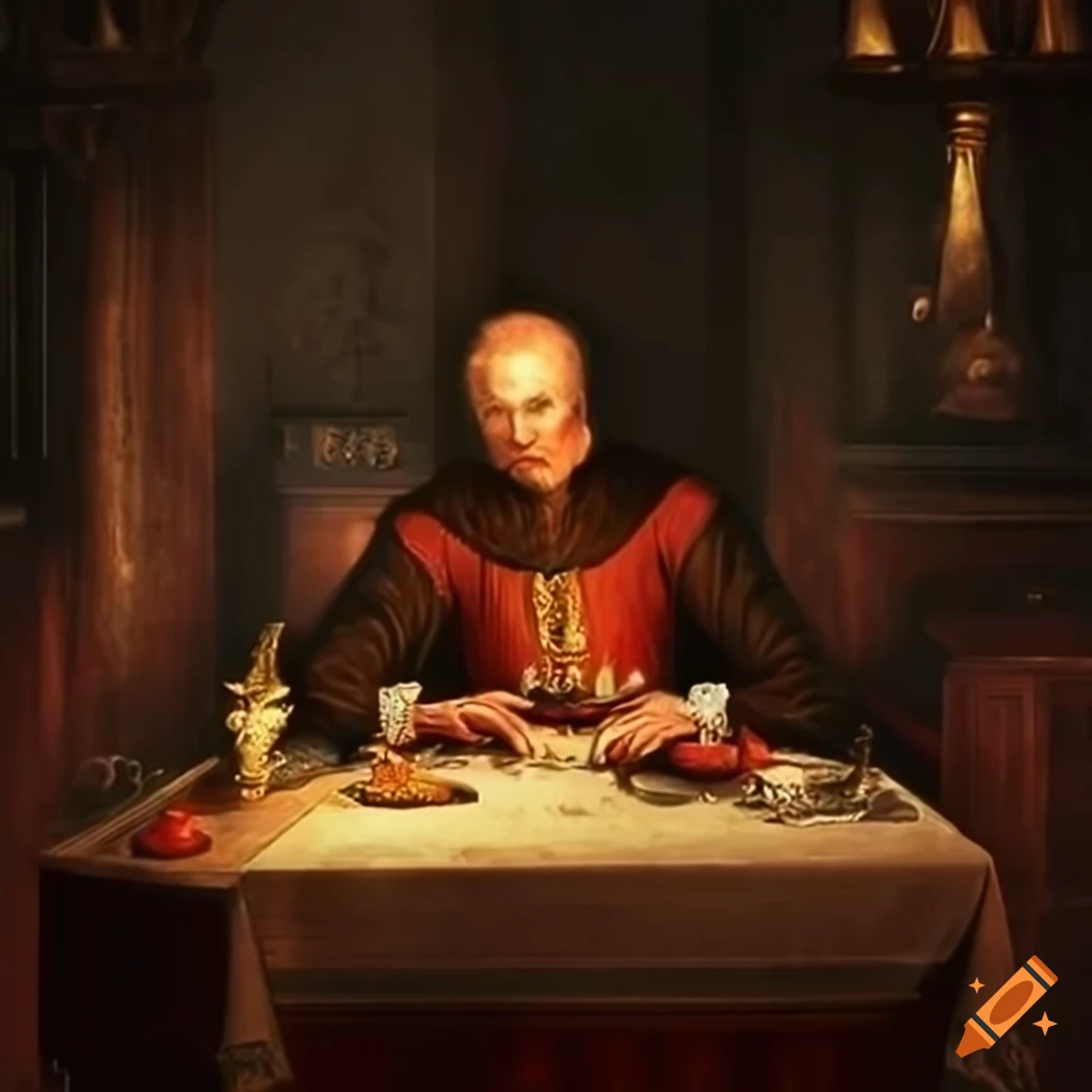 Portrait of a serious man in a medieval room