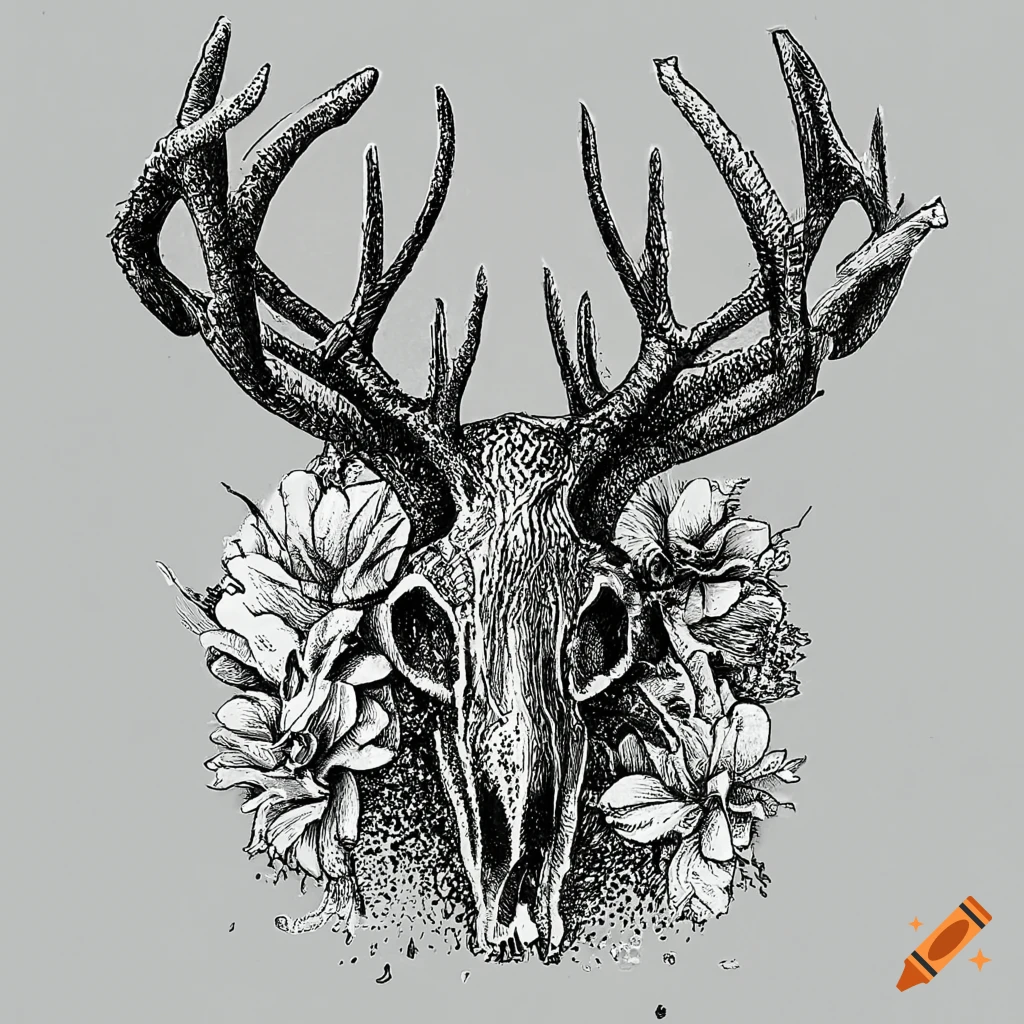 Pen and ink illustration of a hydralisk deer skull