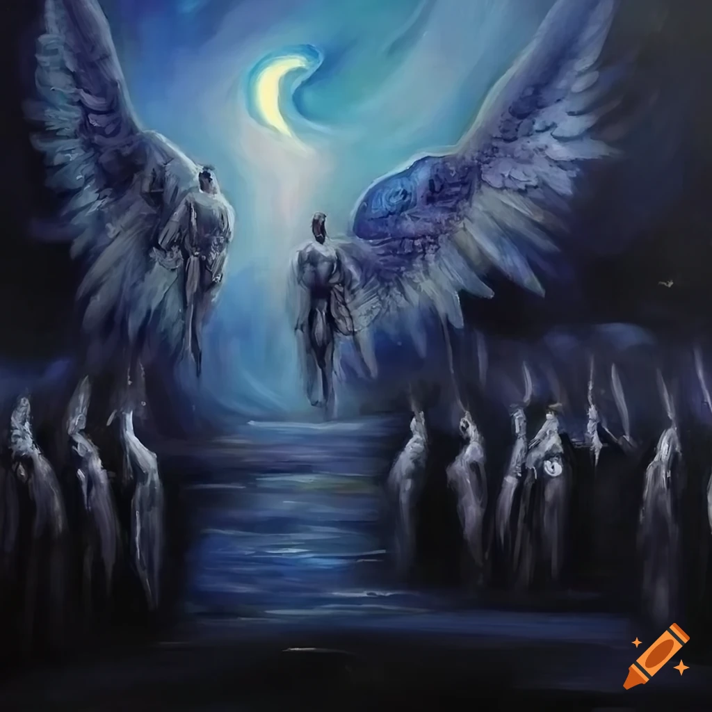 Oil painting of a crowd of angels at night on Craiyon