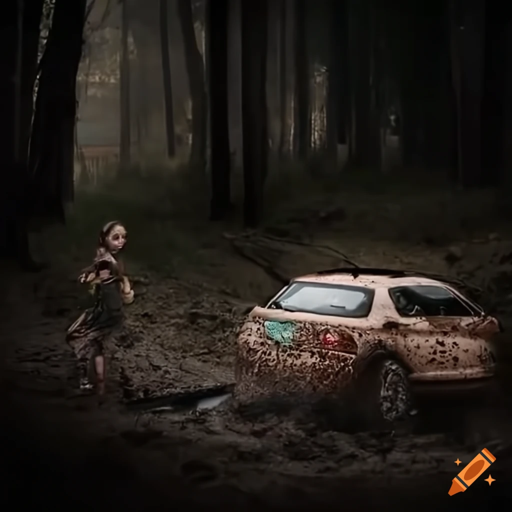 Realistic photo of an elf girl pushing her car out of mud on Craiyon