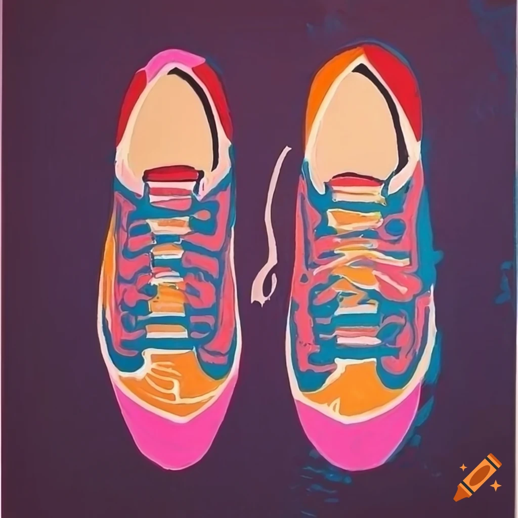Vibrant linocut artwork with colorful sneakers on Craiyon