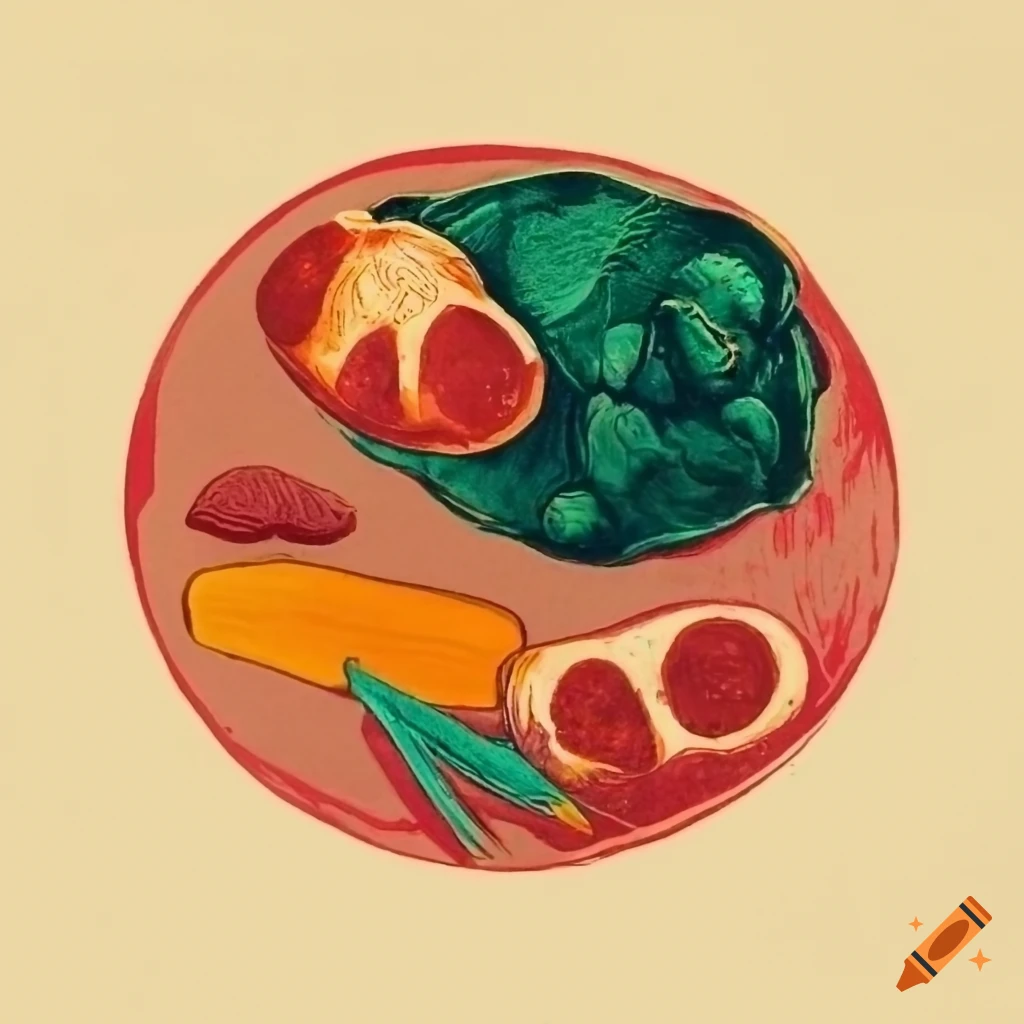 Vibrant linocut artwork of fresh processed food on Craiyon