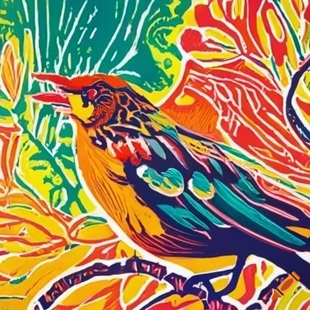 Colorful linocut artwork of an island