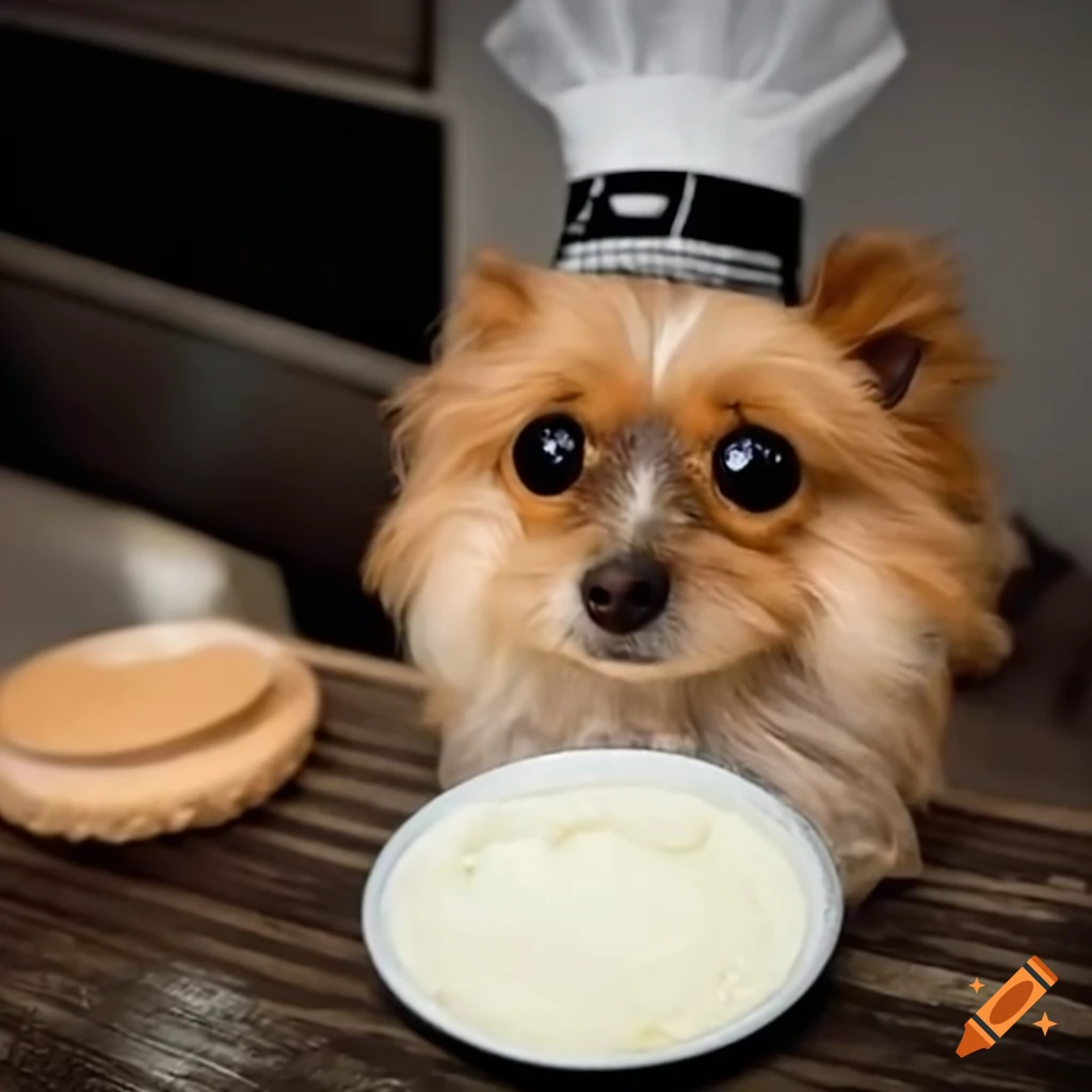 Adorable dog baking cookies with ingredients all over the table on Craiyon