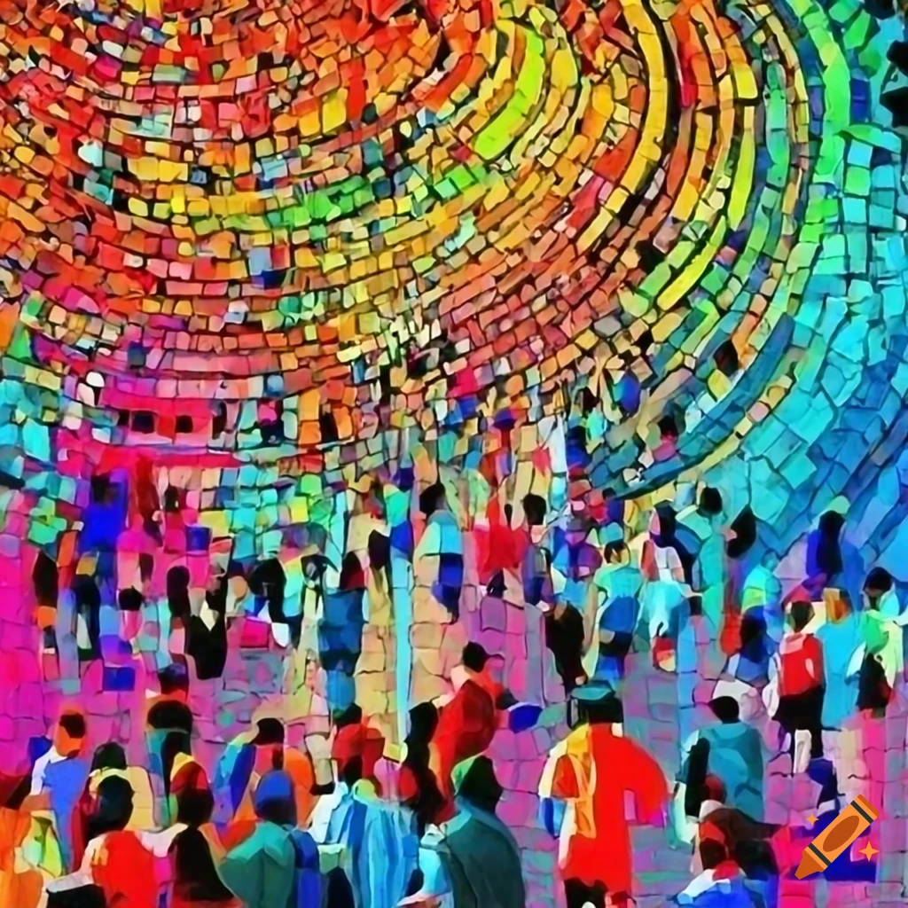 Abstract mosaic painting of a crowd in a maze