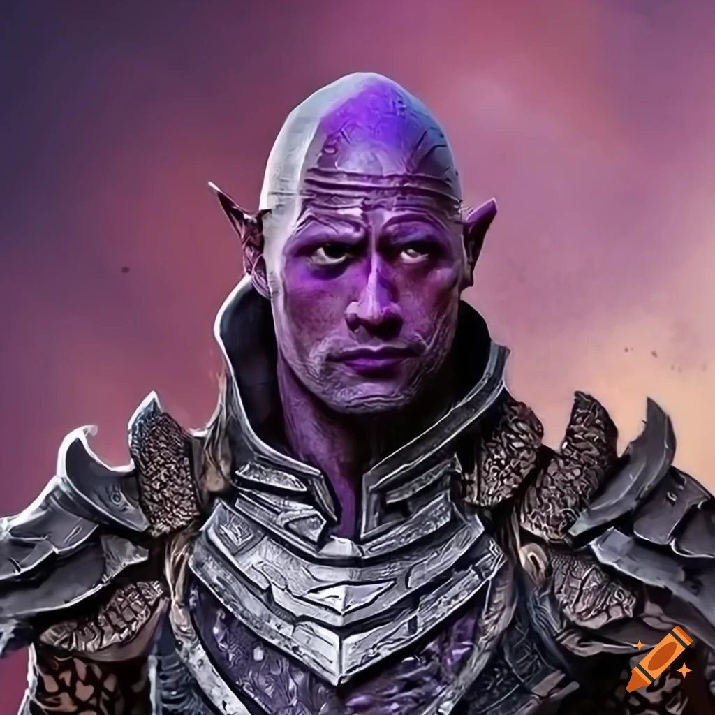 Character design of a bald purple-skinned drow paladin