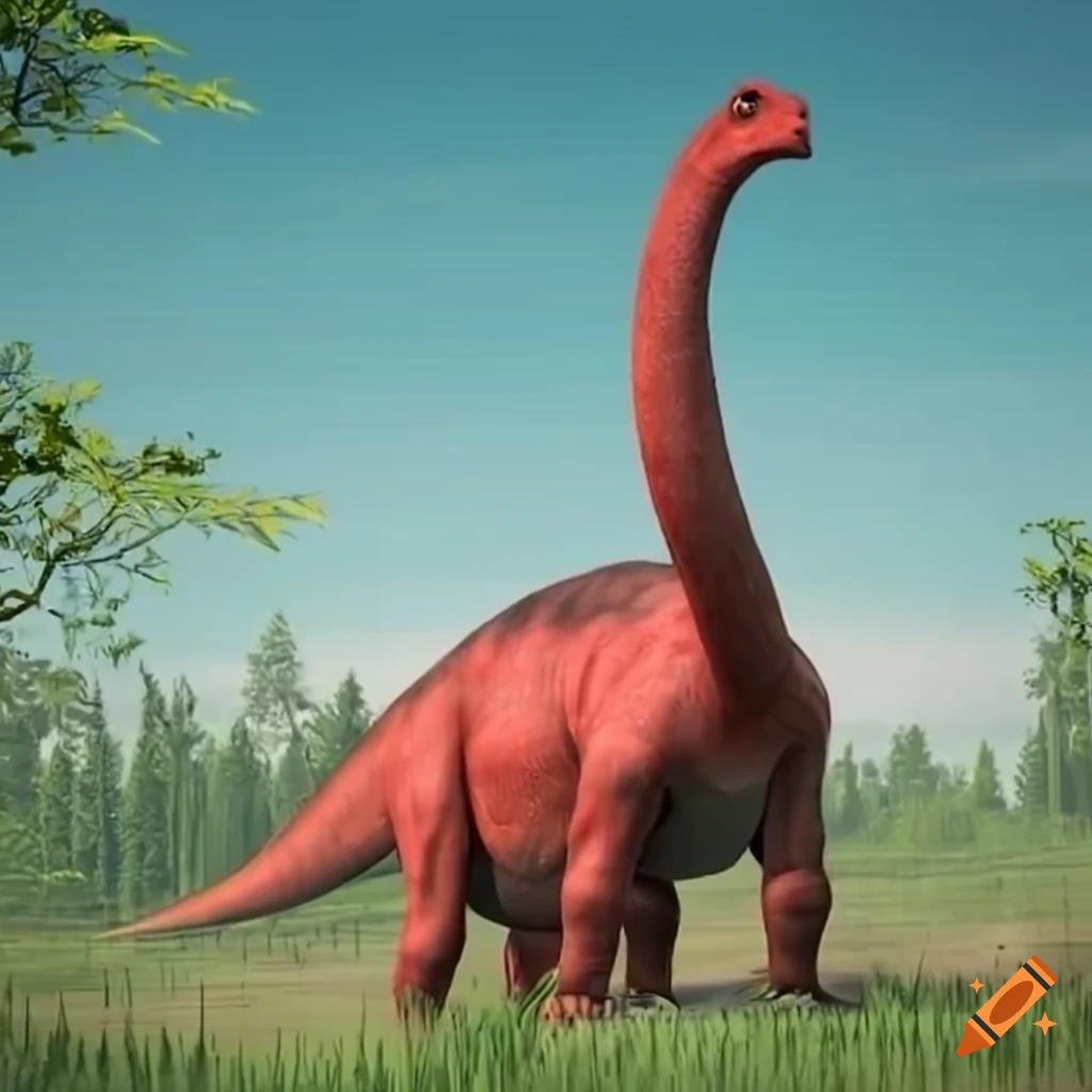 Image of a red brachiosaurus in tall vegetation