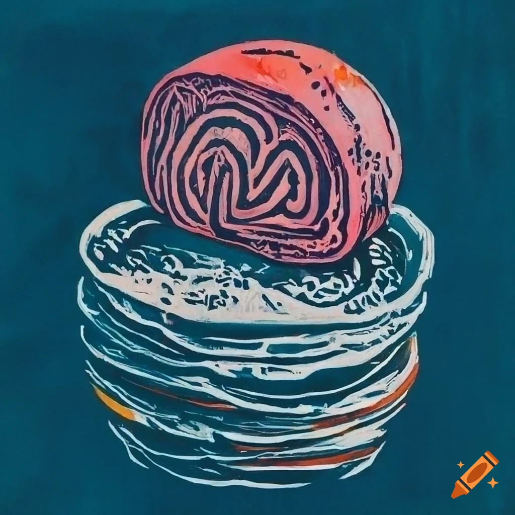 Linocut print of a futuristic meal