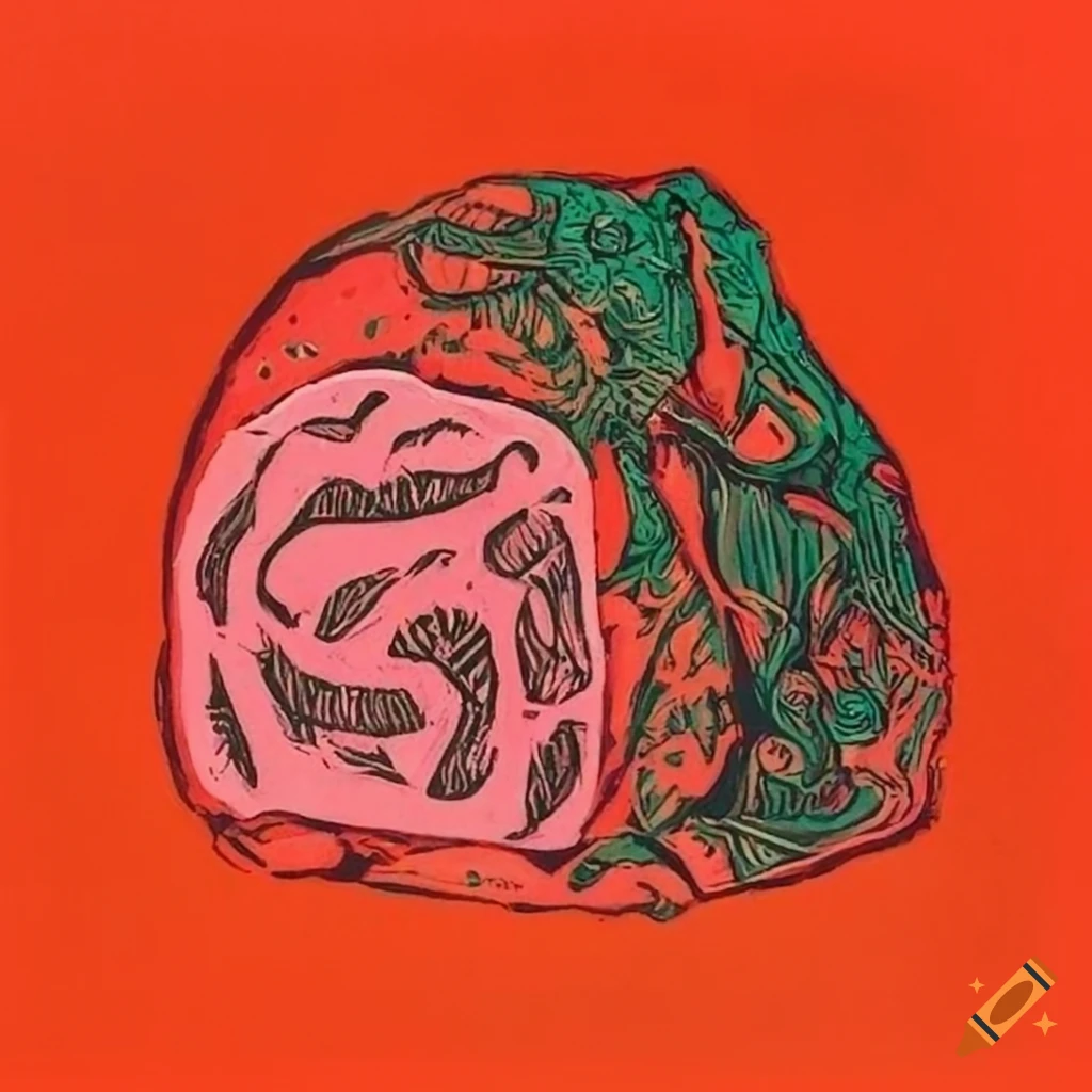 Vibrant linocut artwork of a meal on Craiyon