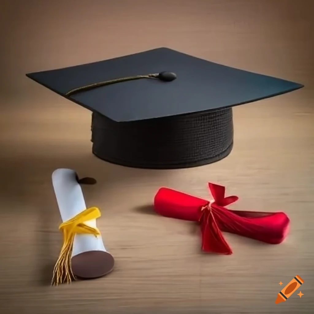 Graduation hat and diploma on a rustic wooden table