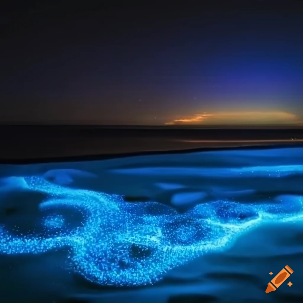 Night beach with bioluminescence on sand