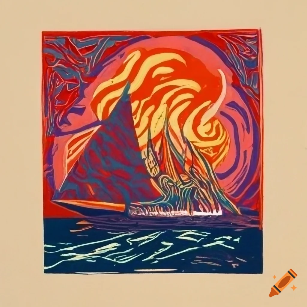 Vibrant linocut artwork representing wind, water, and fire