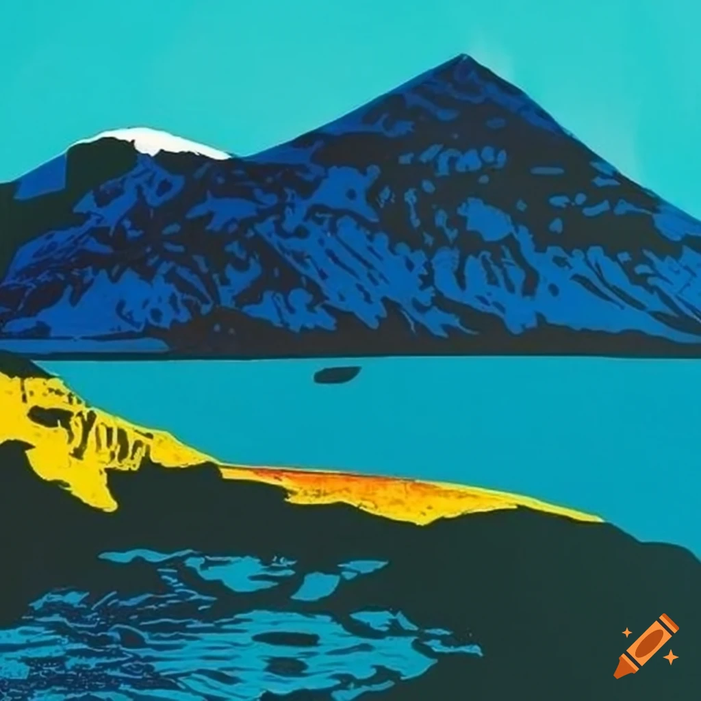 Colorful linocut artwork of snowdonia