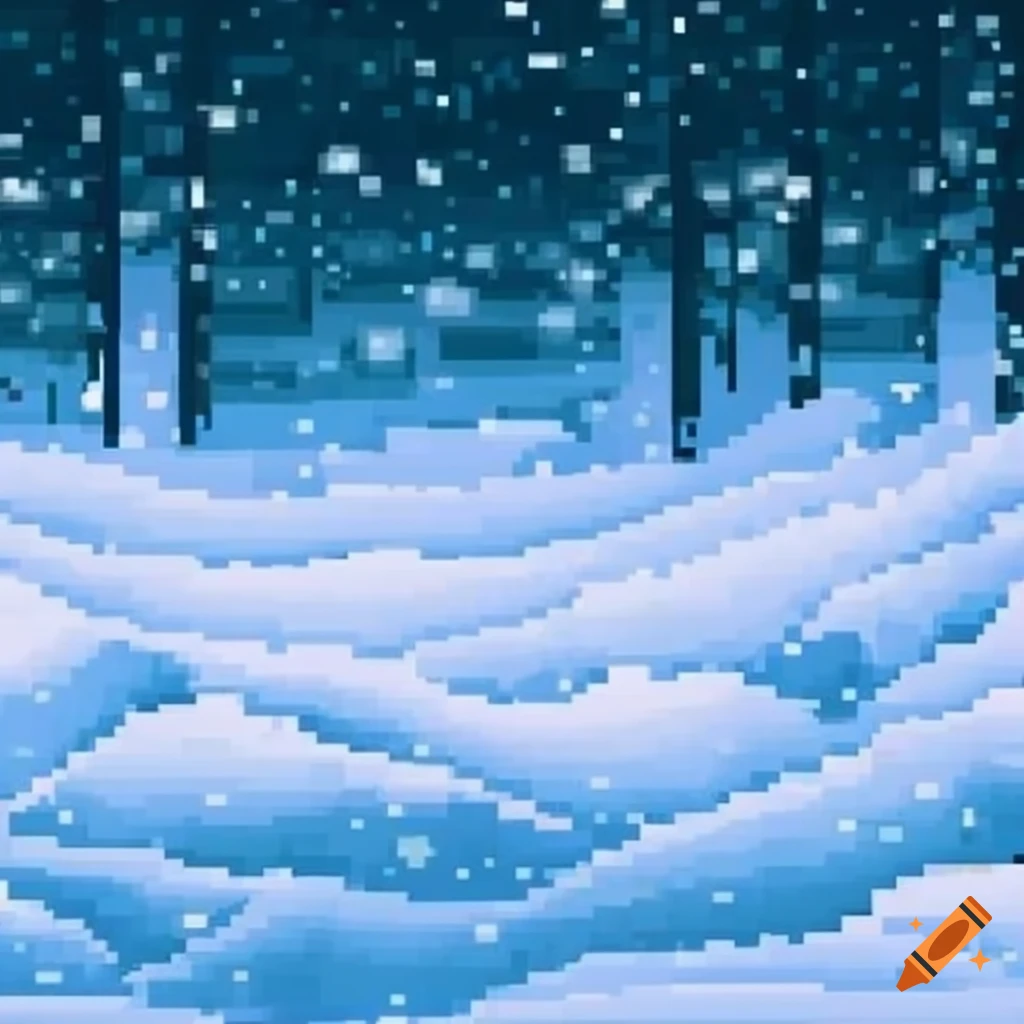 Pixel art snow background with fog and winter hats on Craiyon