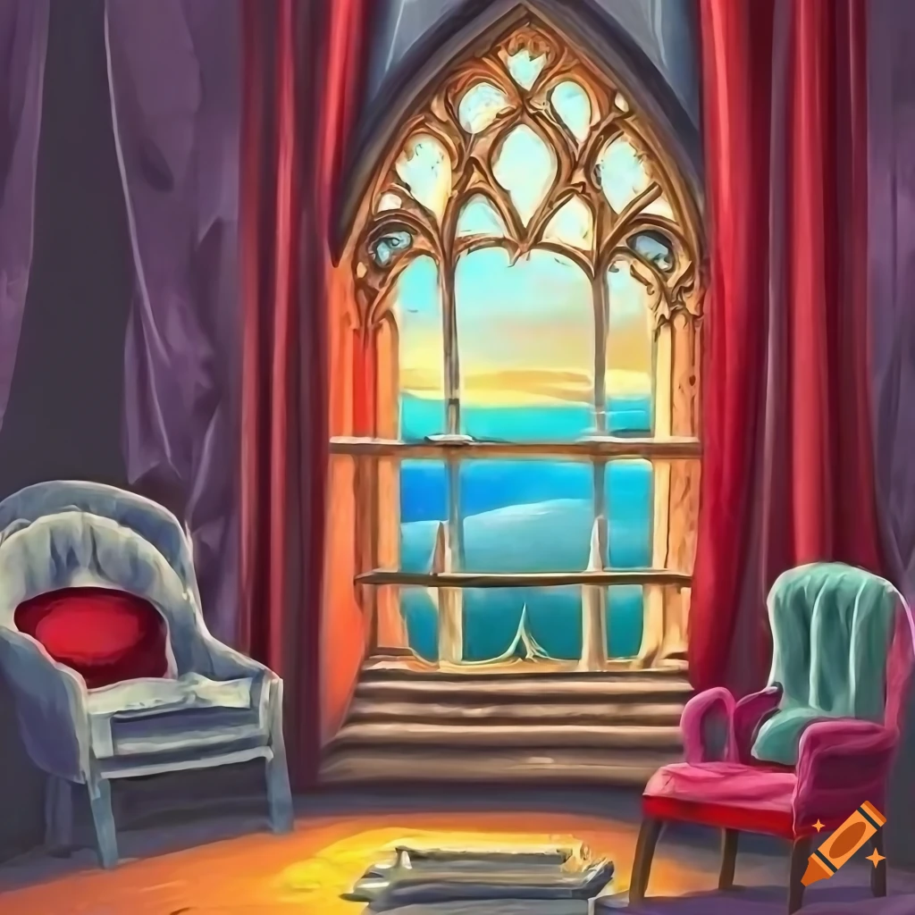 View from a gothic window in a castle overlooking a sunny scottish ...