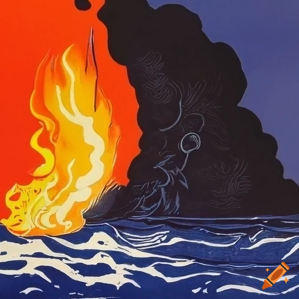 Vibrant linocut artwork representing wind, water, and fire