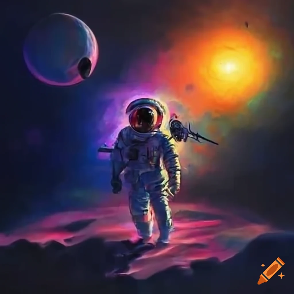 Neon-colored alien UFO chasing astronaut in space on Craiyon