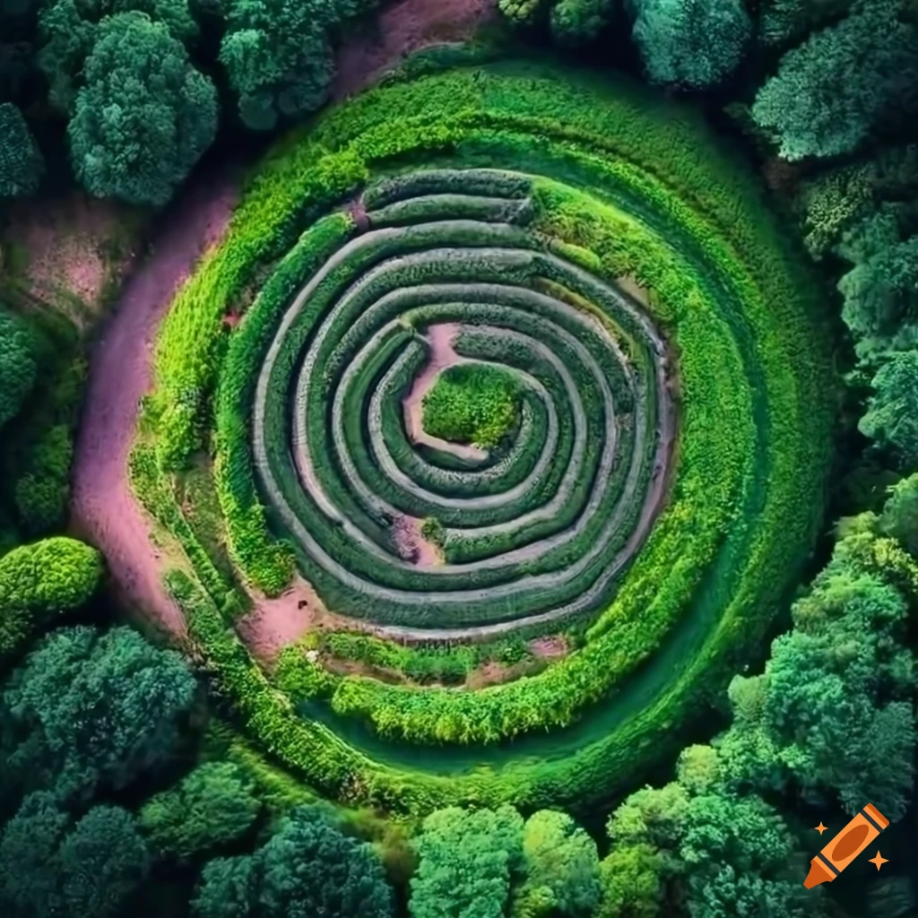A stone maze in a lush forest from a bird's eye view on Craiyon
