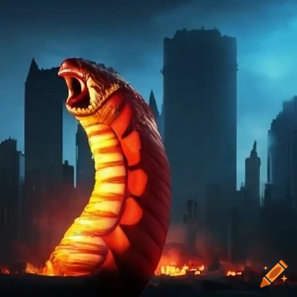 Image of a giant fire serpent in the city