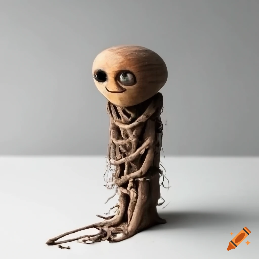 Illustration of wooden puppet with tree roots and teeth on Craiyon