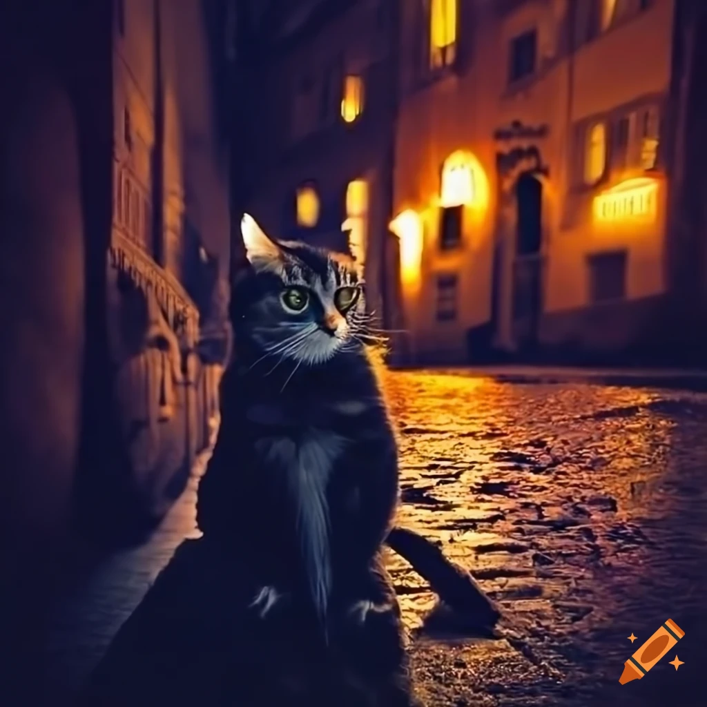 Night view of prague with a cat