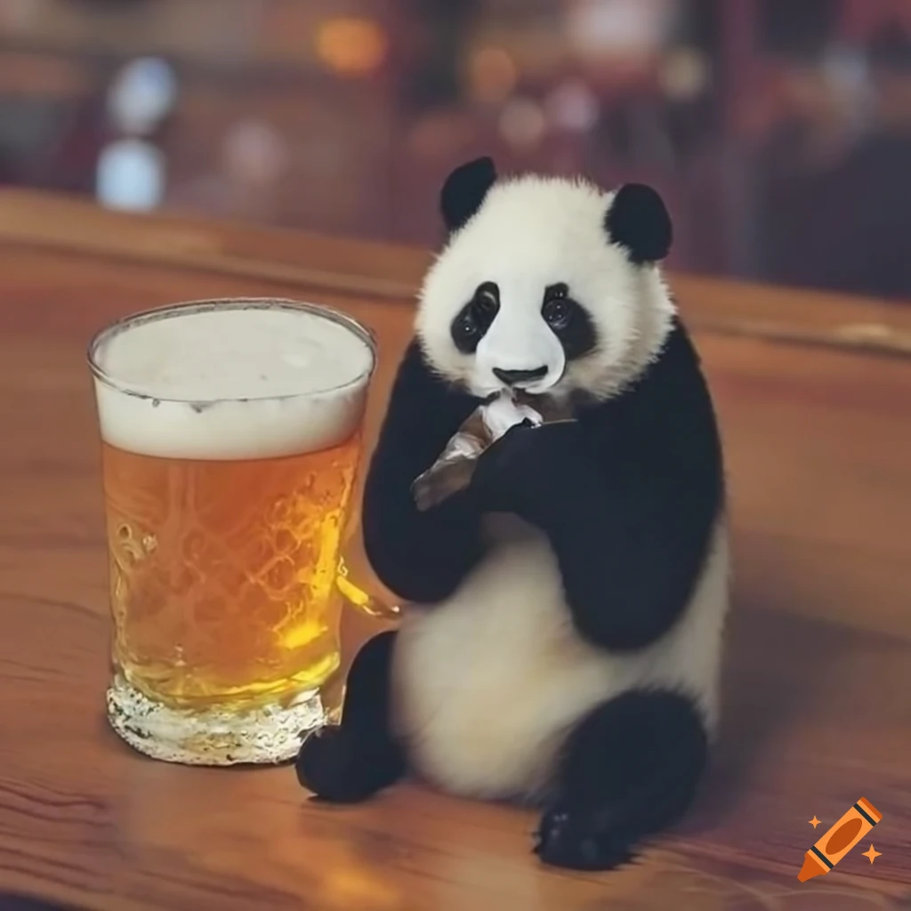 Humorous image of pandas drinking beer in a pub on Craiyon