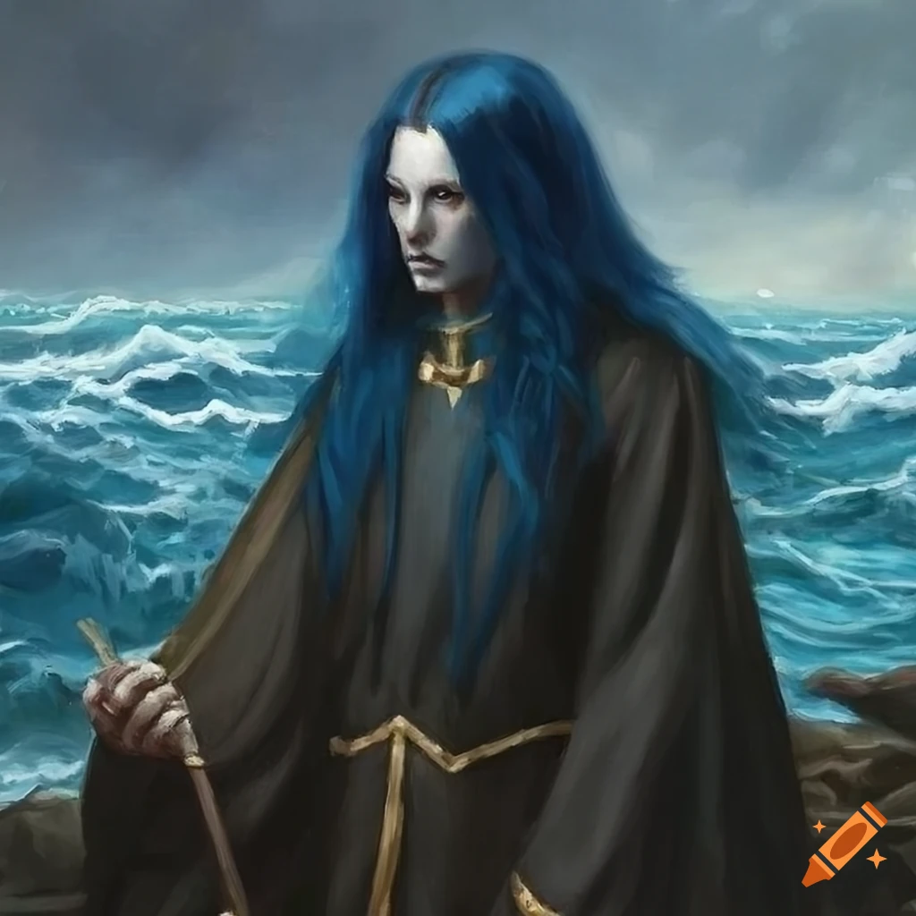 Fantasy art of a priest surrounded by crashing waves on Craiyon