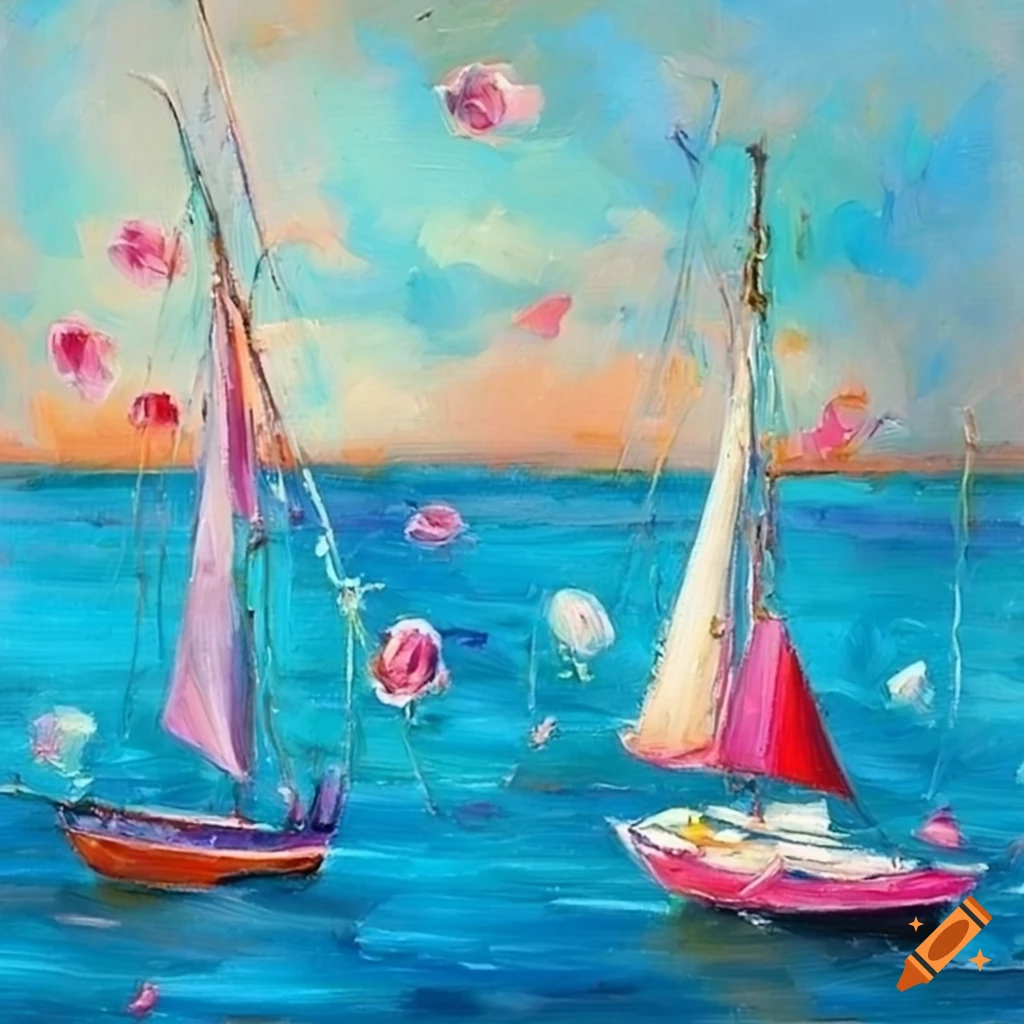 Colorful oil painting of sailboats on blue water on Craiyon