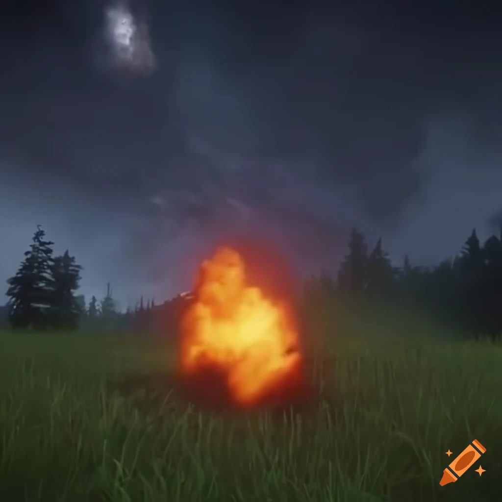 Unreal engine 5 fire explosion on grass in a night sky
