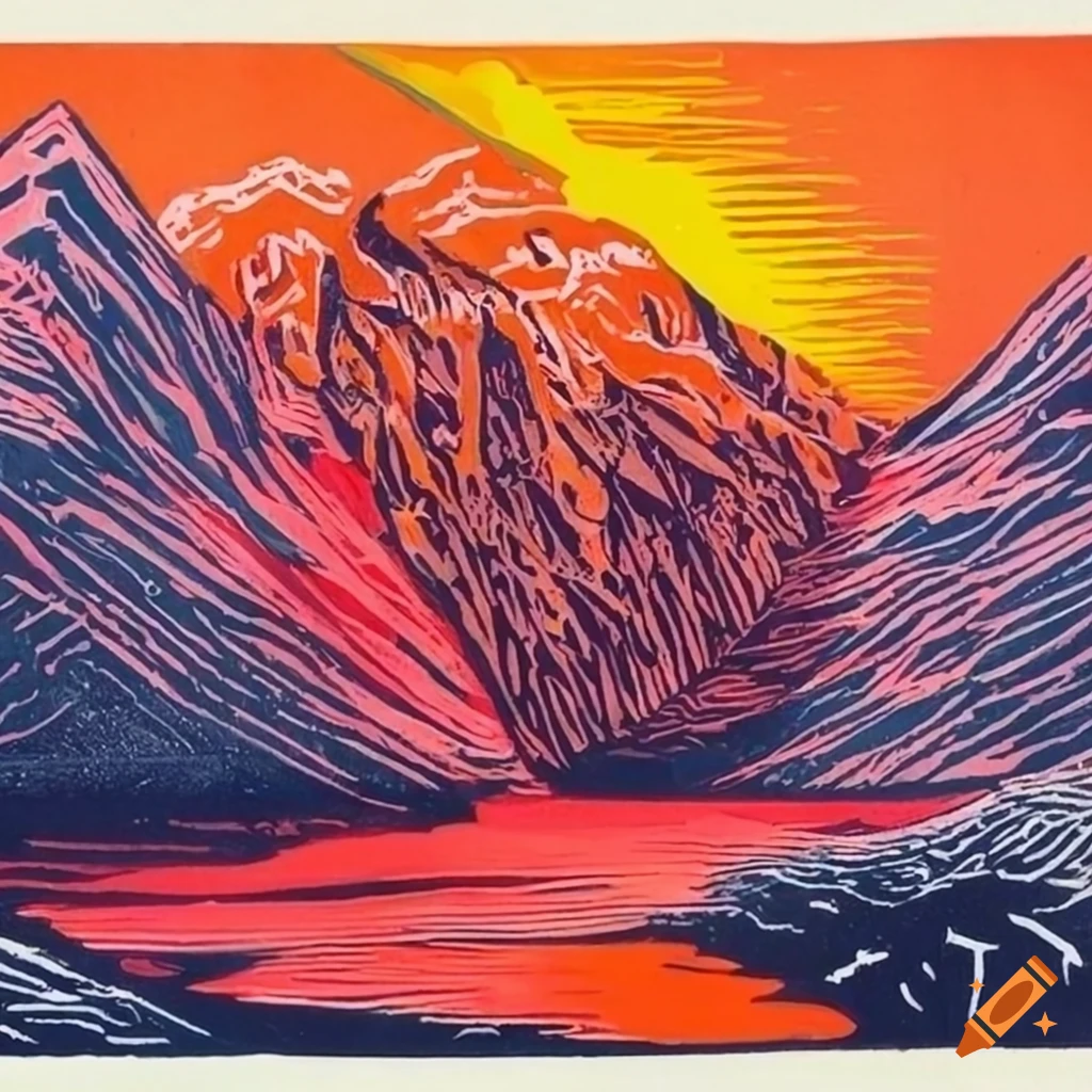 Vibrant linocut artwork of the edge of the world on Craiyon