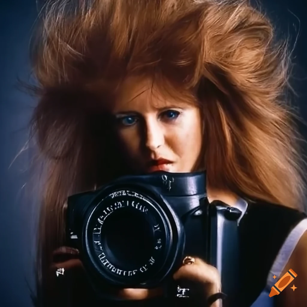 Vintage 1980s photographer with big hair and camera on Craiyon