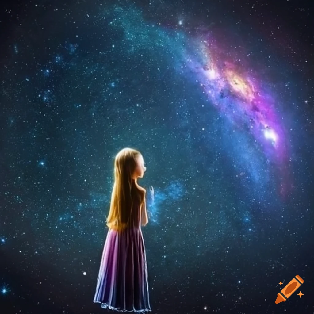 Artwork of a girl made of stars in a galaxy-filled sky