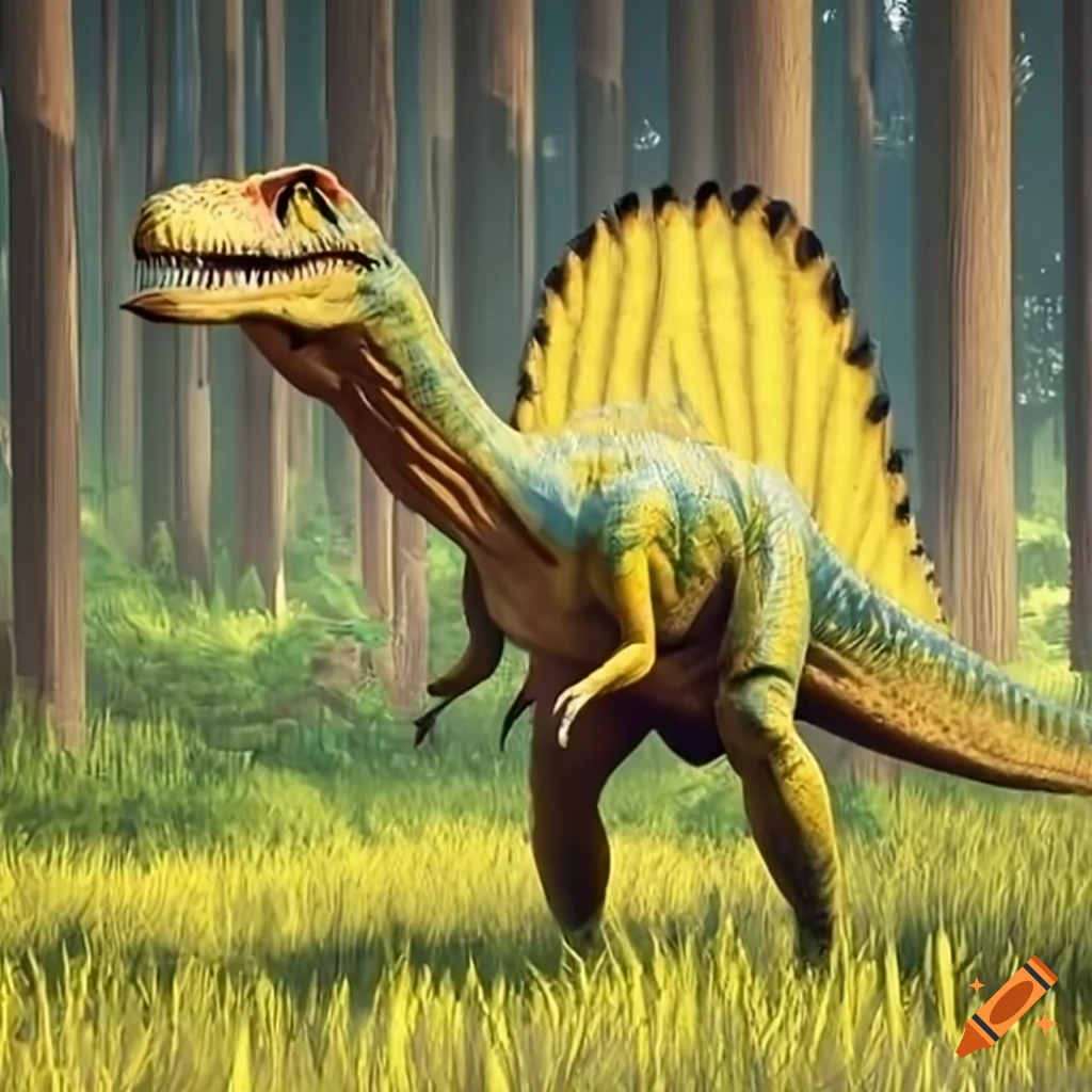 Image of a hidden yellow spinosaurus in tall sunny grass