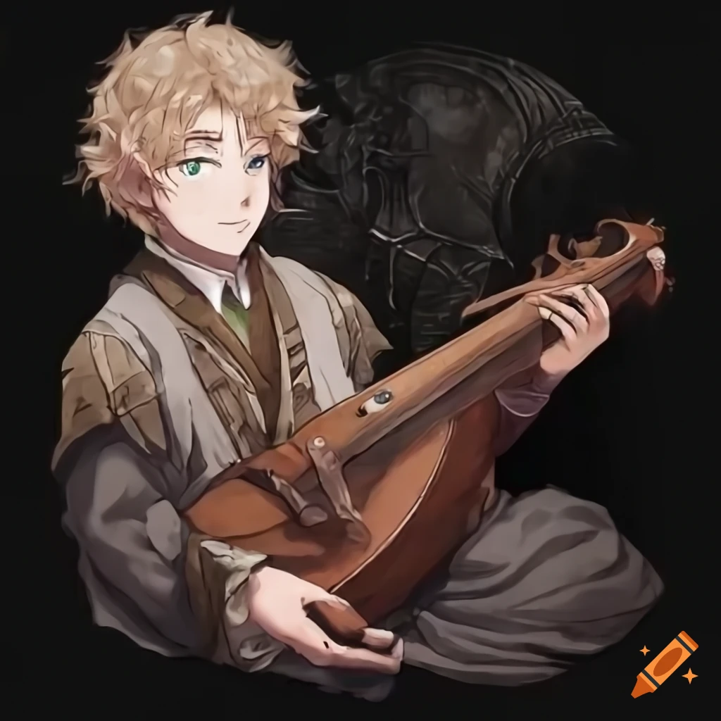 Black and white photo of a hobbit playing the hurdy-gurdy on Craiyon