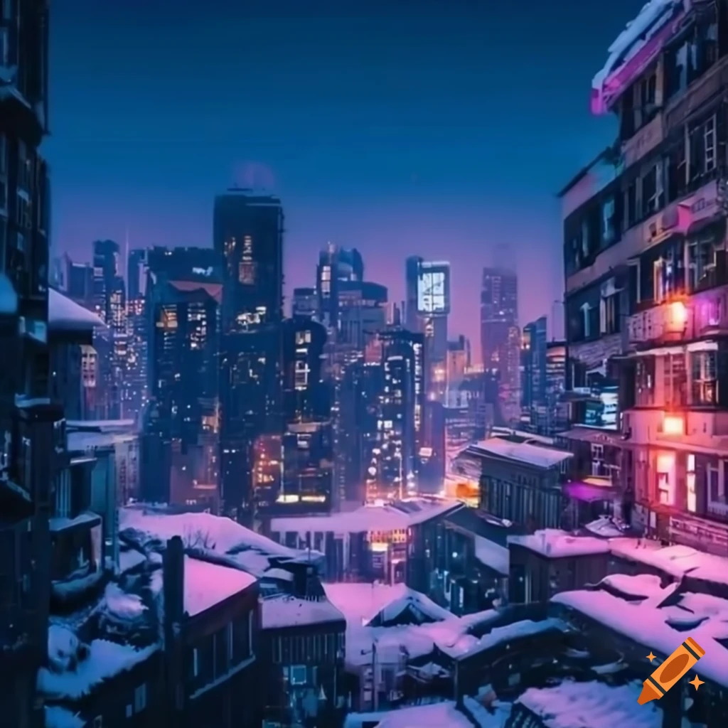 Cyberpunk cityscape with snowy streets and vibrant lights
