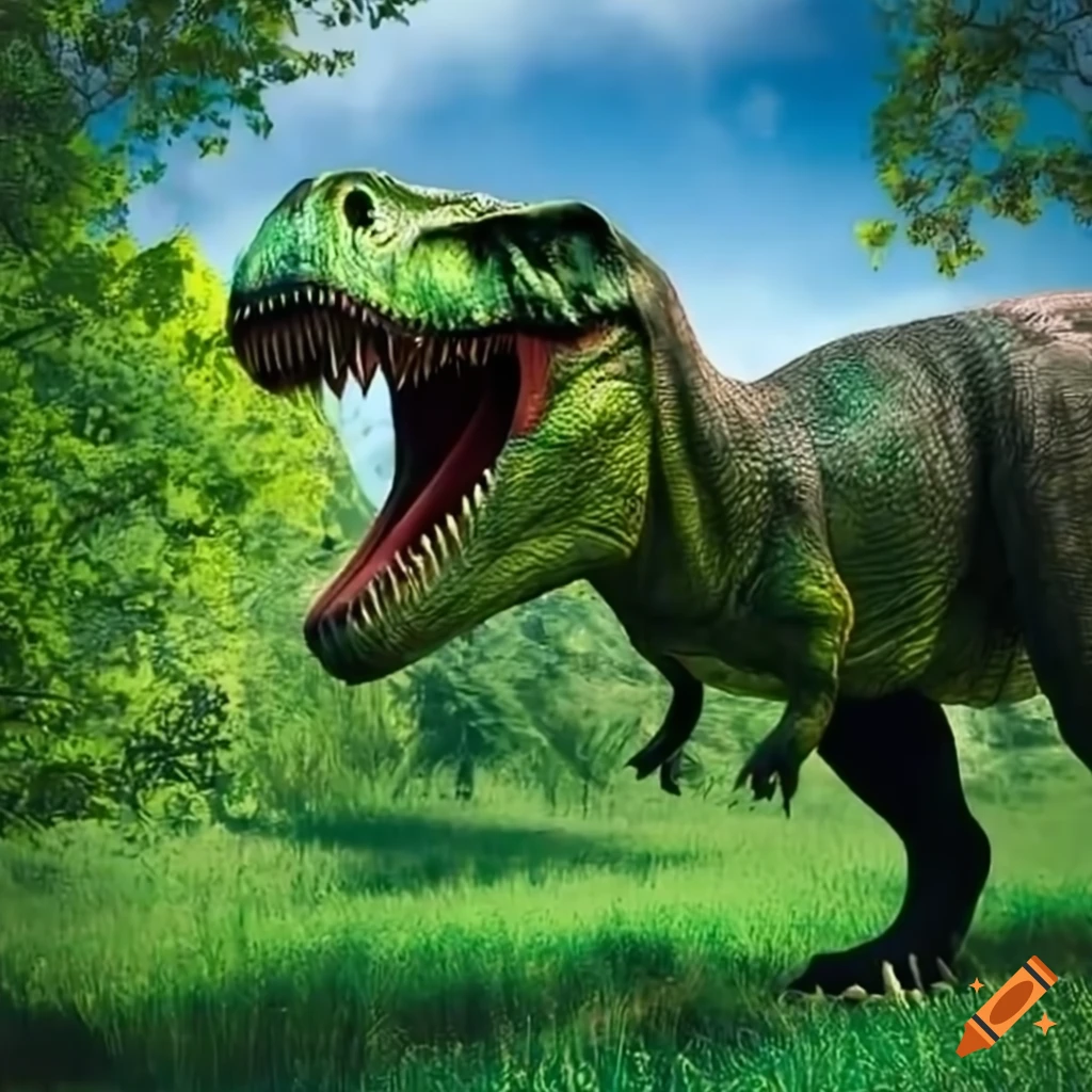 Giant green t-rex hidden in tall vegetation on Craiyon