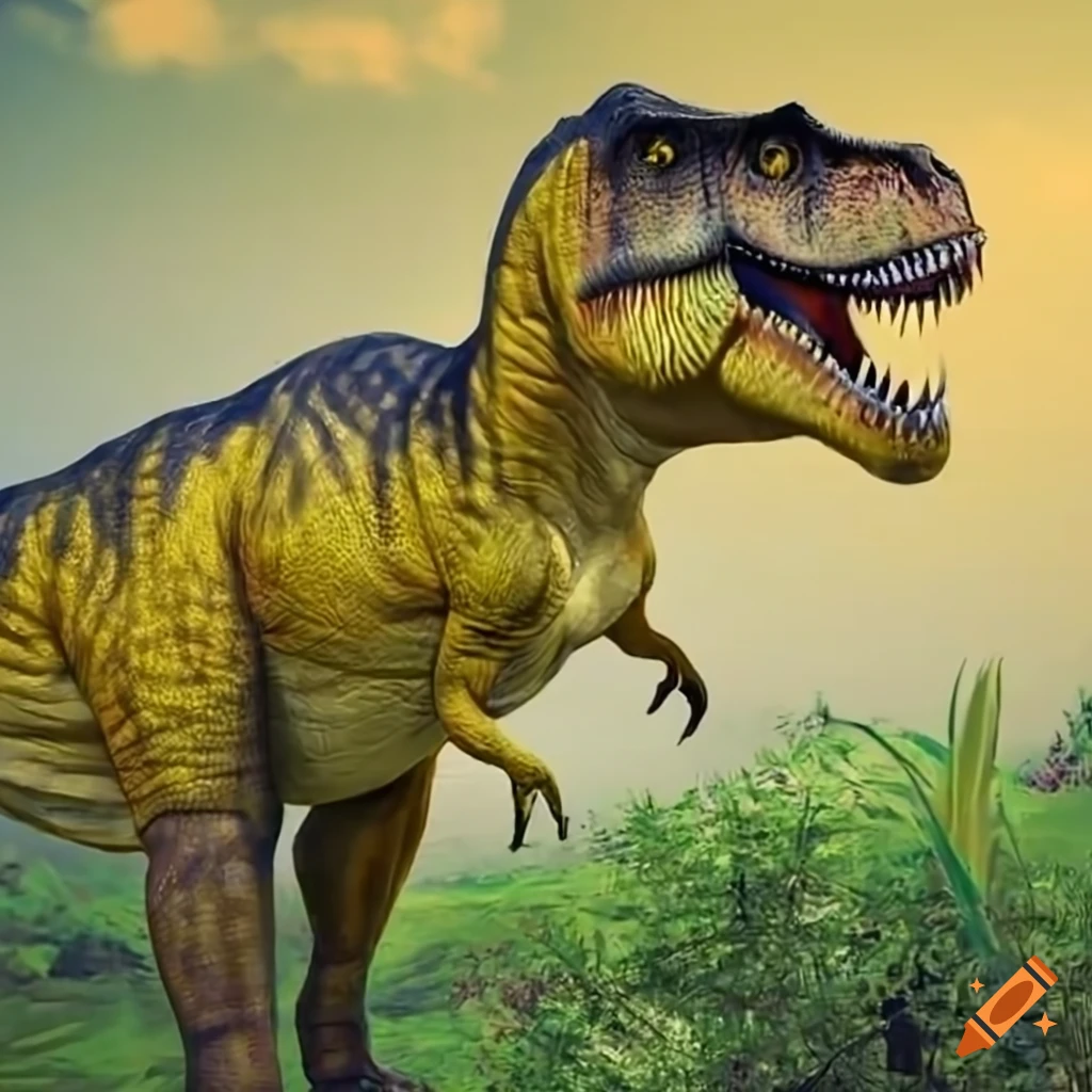 Sunny vegetation hides a large yellow t-rex