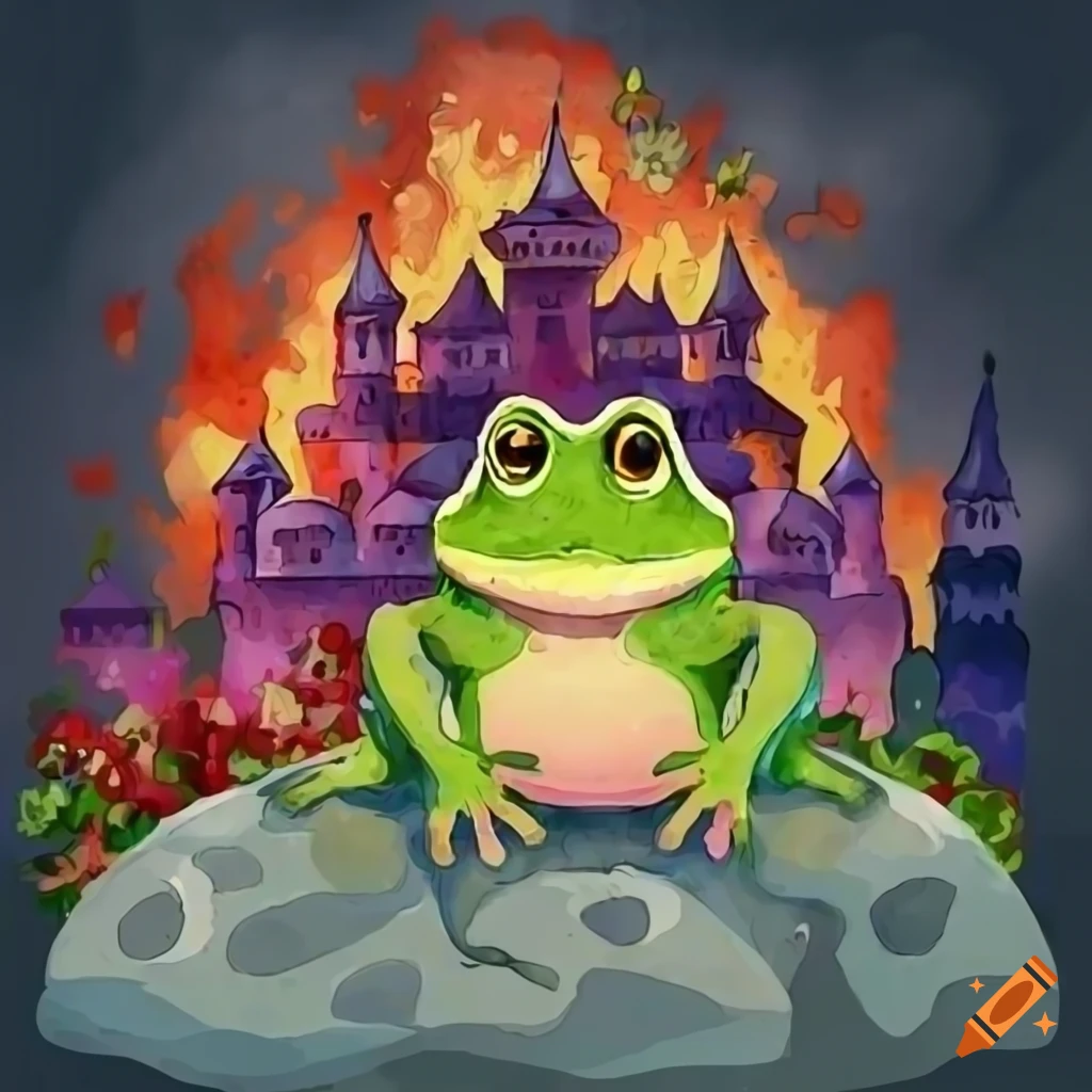 Cartoon toad on a stone with a castle on fire in the background