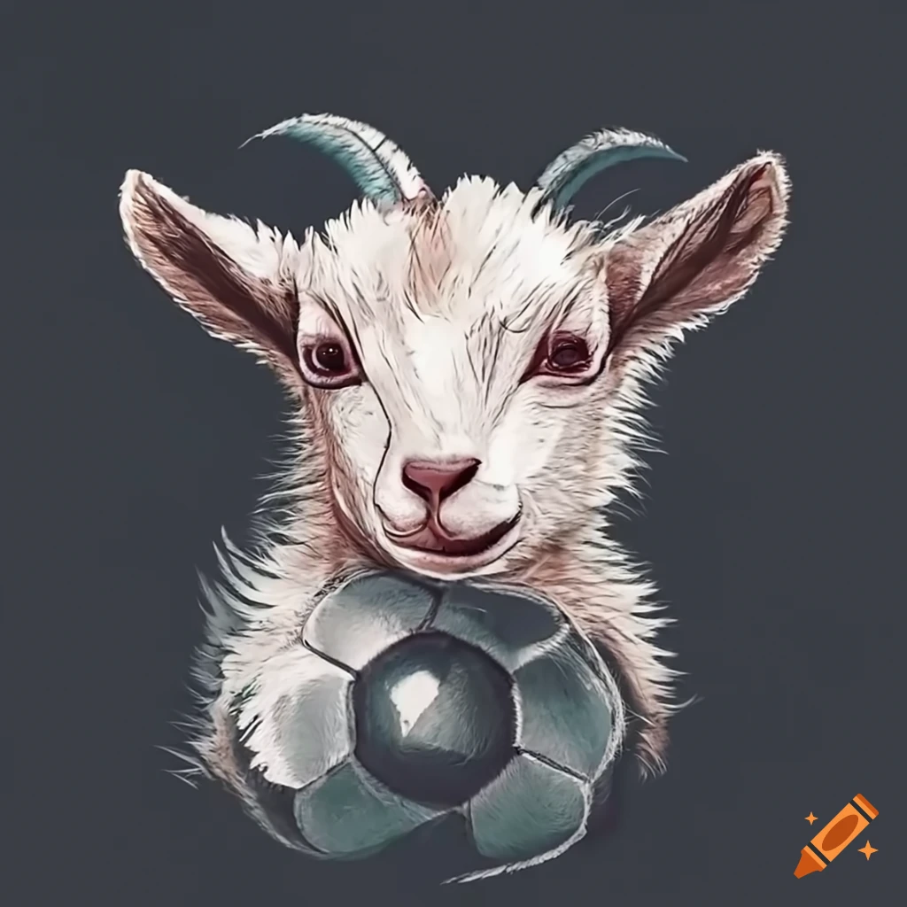 Adorable baby goat balancing on a soccer ball