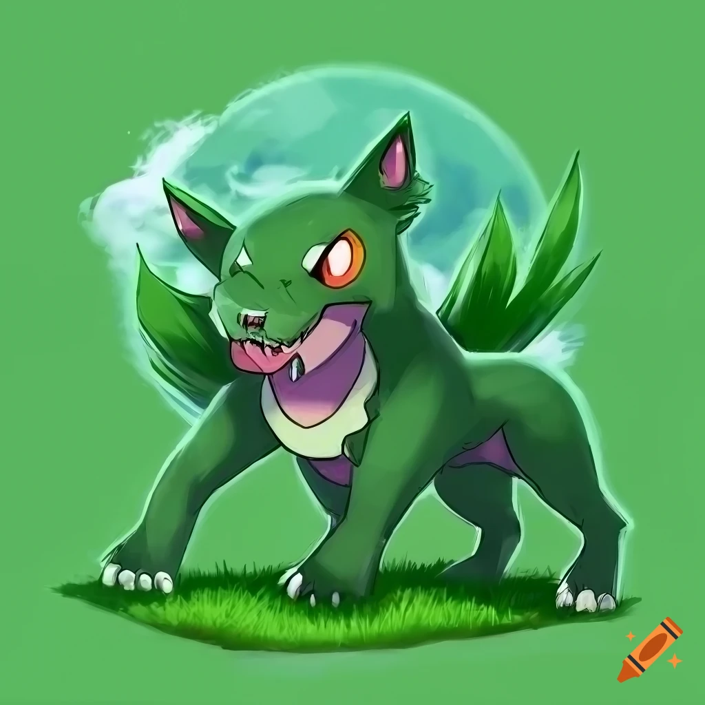 Concept art of grass element cerberus-like pokemon