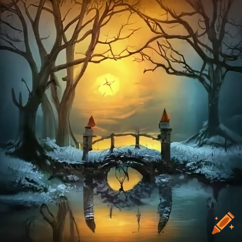 Surreal landscape with strange creatures and fantastical elements