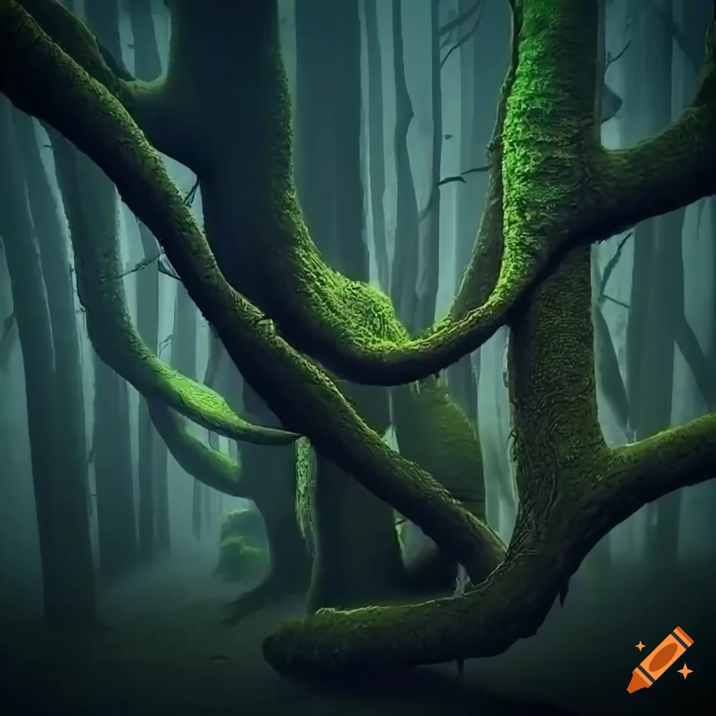 Creepy forest with colorful furry trees