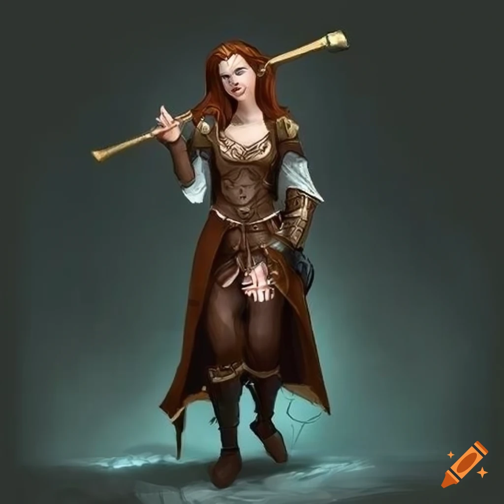 Digital illustration of a female bard with flute and rapier