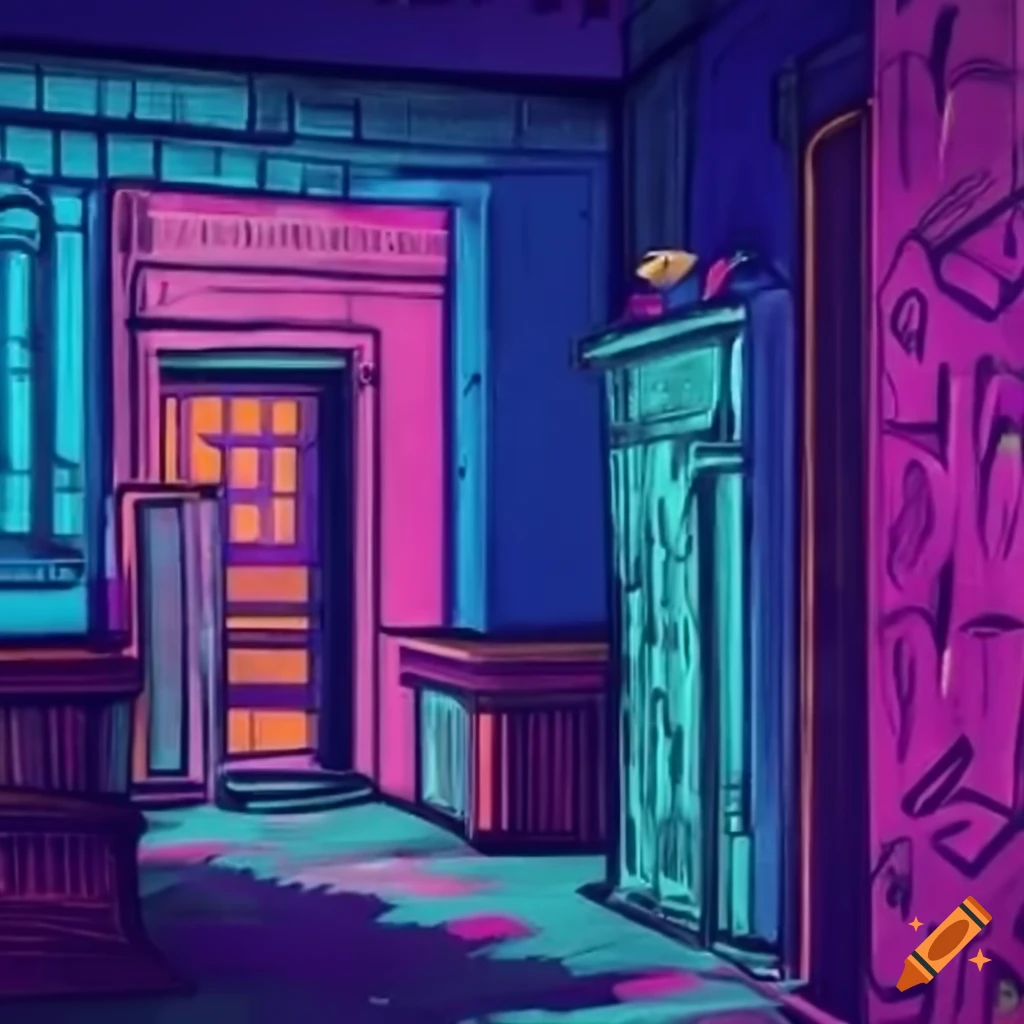 Abandoned asylum lobby with retro 80s design on Craiyon