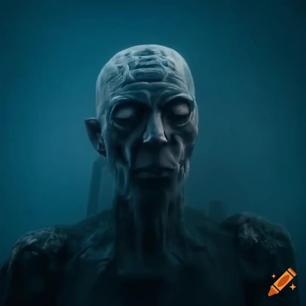 Foggy city with a colossal humanoid figure on Craiyon