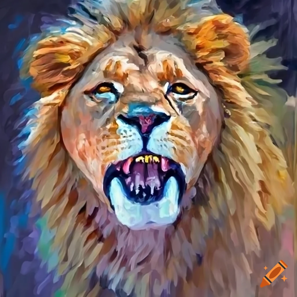 Impressionist painting of a fierce lion with intense stare on Craiyon
