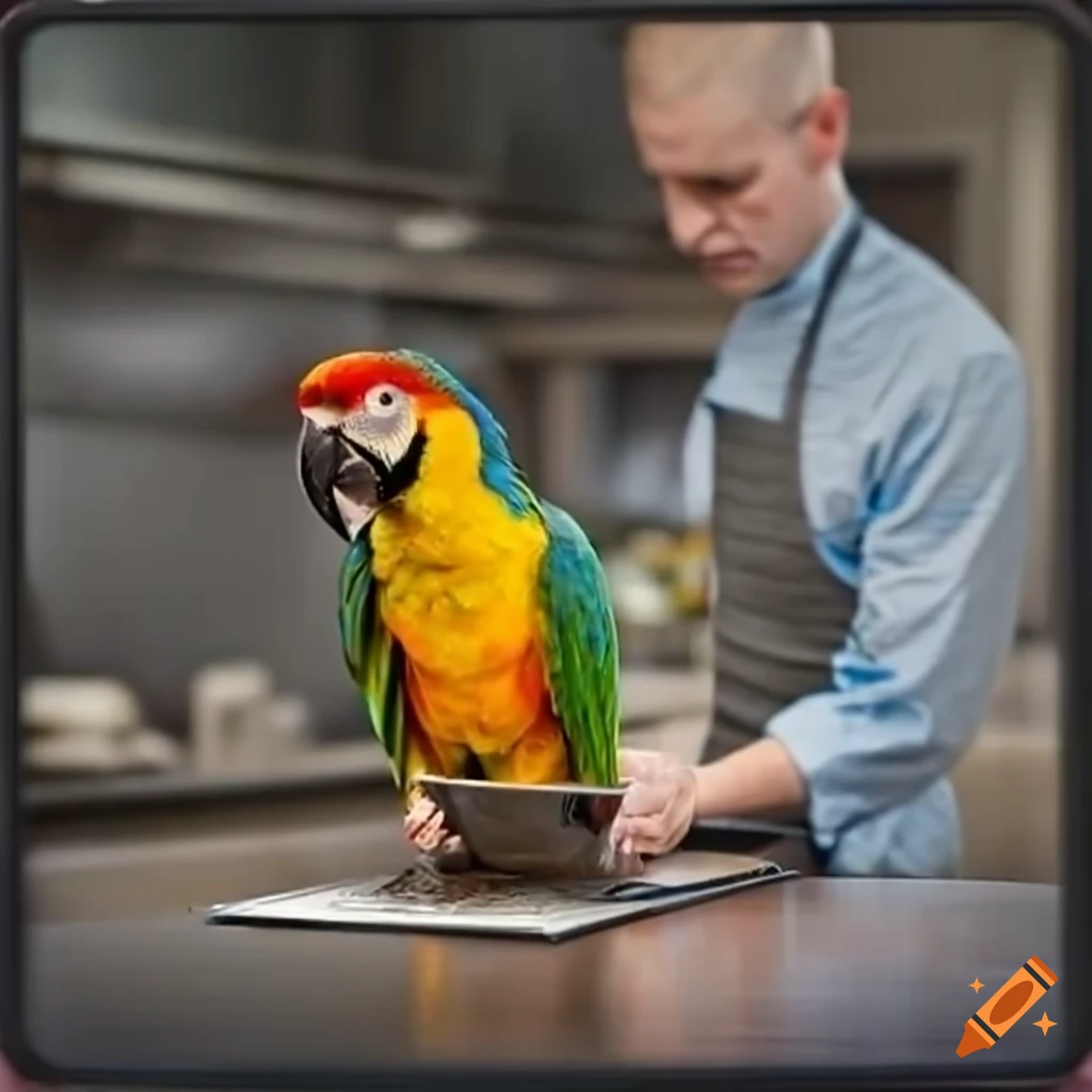 Parrot using a tablet in a restaurant kitchen on Craiyon