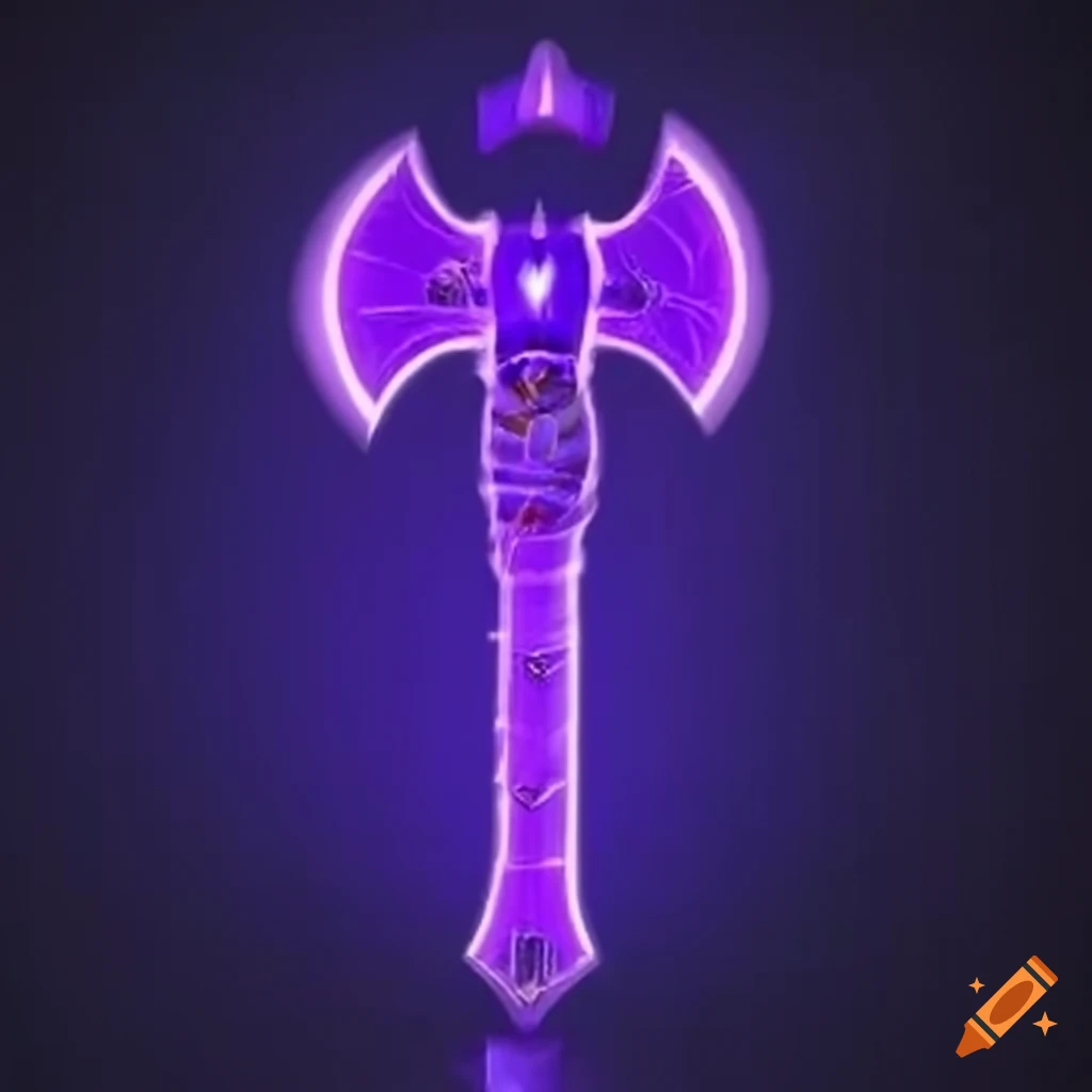 Image of a glowing purple battle axe in darkness on Craiyon
