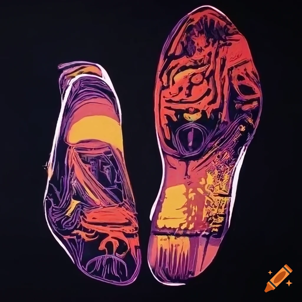 Vibrant linocut artwork with colorful sneakers